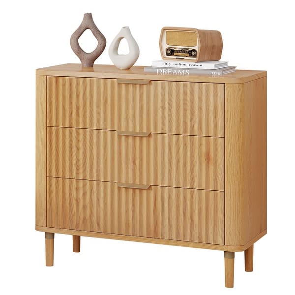 Moasis Modern Fluted 3-Drawer Dresser Chest of Drawers Natural Oak ...