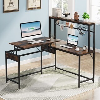 Lift Top L Shaped Computer Desk with Hutch, Sit-Stand Workstation - Bed ...