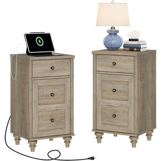 Set of 2 End Tables with Charging Station, Drawer & Storage, Modern ...