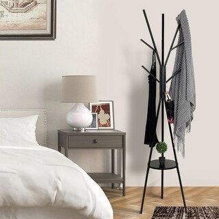 9 Hooks Freestanding Entryway Black Coat Rack Stand with Round Shelf ...