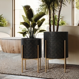 Set of 2 Black Floral Stamped Metal Cachepot Planters with Gold Stands ...