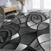 HR Grey, Silver, Black Abstract Rug Contemporary Circles Wavey Swirls ...