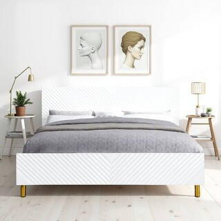 Tyra Modern Queen Bed, Panel Headboard, Luxury Textured Chevron, White ...