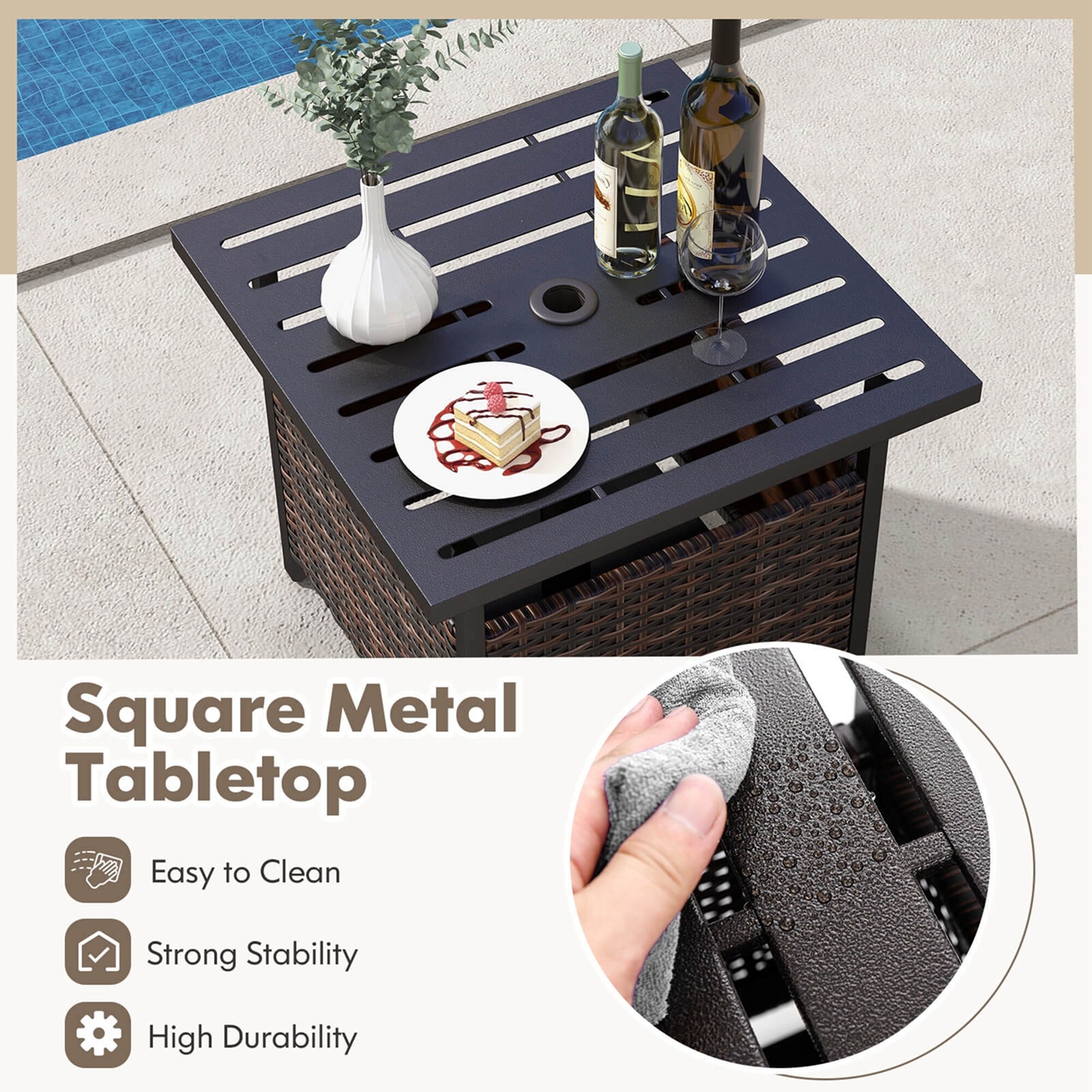 Costway Brown Rattan Wicker Steel Side Table Outdoor Furniture Deck 22.0 x22.0 x18.5