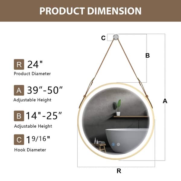 ZEAFIVE LED Round Wall Bathroom Mirror with Hanging Strap 3 Lights ...