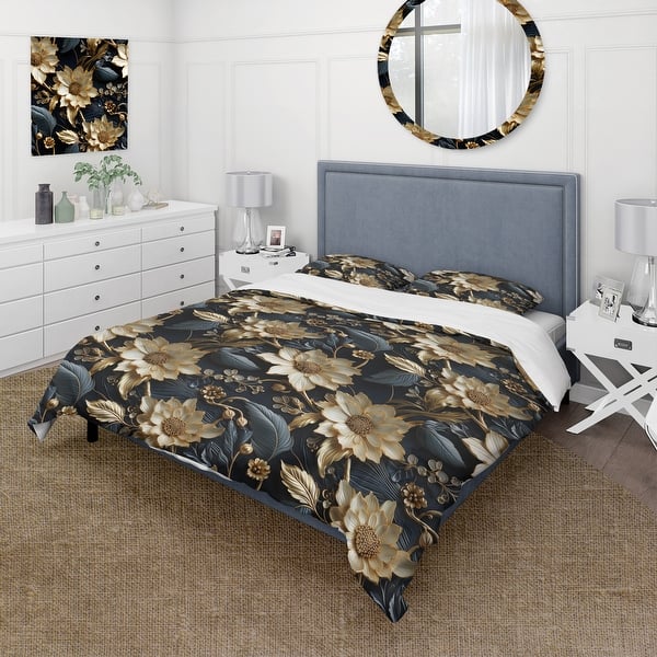 Designart "Gilded Imperial Flair I" Blue Floral Bed Cover Set With 2 ...