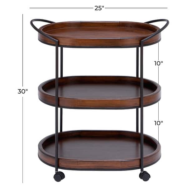 Brown Wood Rolling Oval 3 Shelf Bar Cart with Black Metal Frame - Bed ...