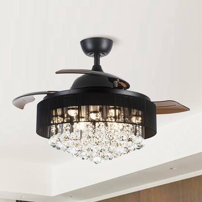 42" Retractable 3-blade Black Crystal Ceiling Fan Chandelier with ...