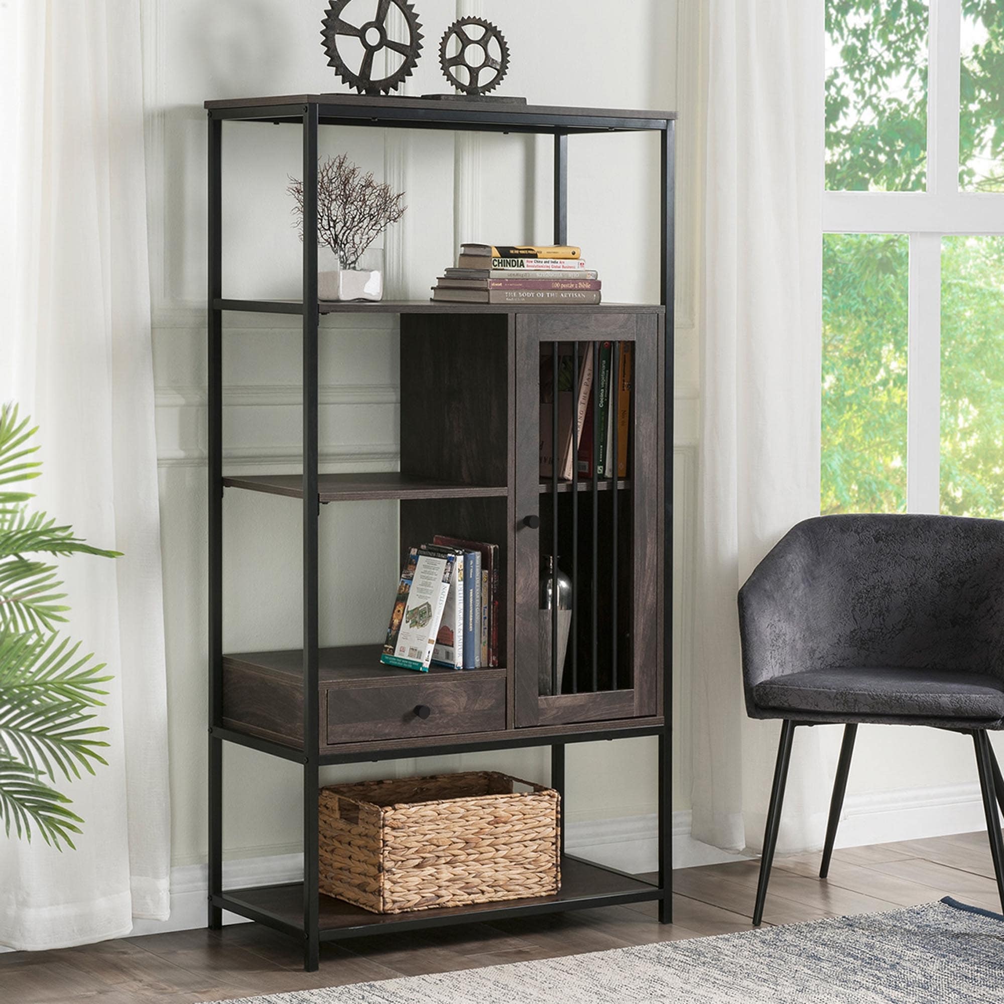 Bookcase Bookshelf 5 Tier Display Shelf with Doors and Drawers ...