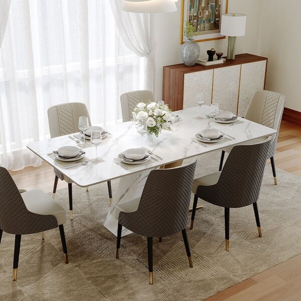 Modern and Luxury White Dining Table with Rectangular Sintered Stone Tabletop Z shaped Stainless Steel Base