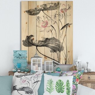 Designart 'Vintage Lotus Flowers' Traditional Print on Natural Pine ...