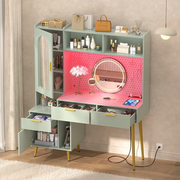 Makeup Vanity with Charge Station and LED Light Bedroom Vanity Table with Pegboard and Hutch N A Bed Bath Beyond 40946272