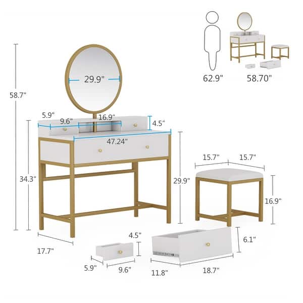 Modern White Gold Vanity Set, Large Makeup Dressing Table with Mirror ...