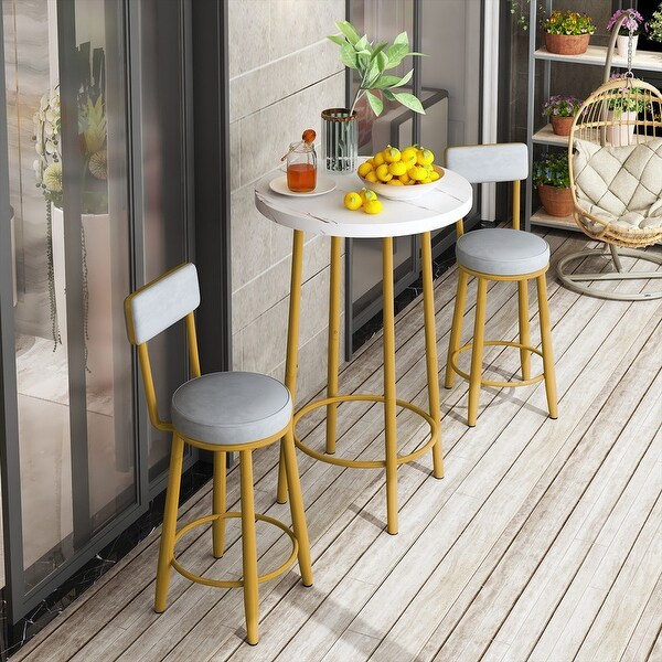 Grondin Mid Century Modern 3 Piece Bar Table Set with Faux Marble Top and Velvet Upholstered Bar Stools Pub Table Set for 2 On Sale Bed Bath Beyond 37010205