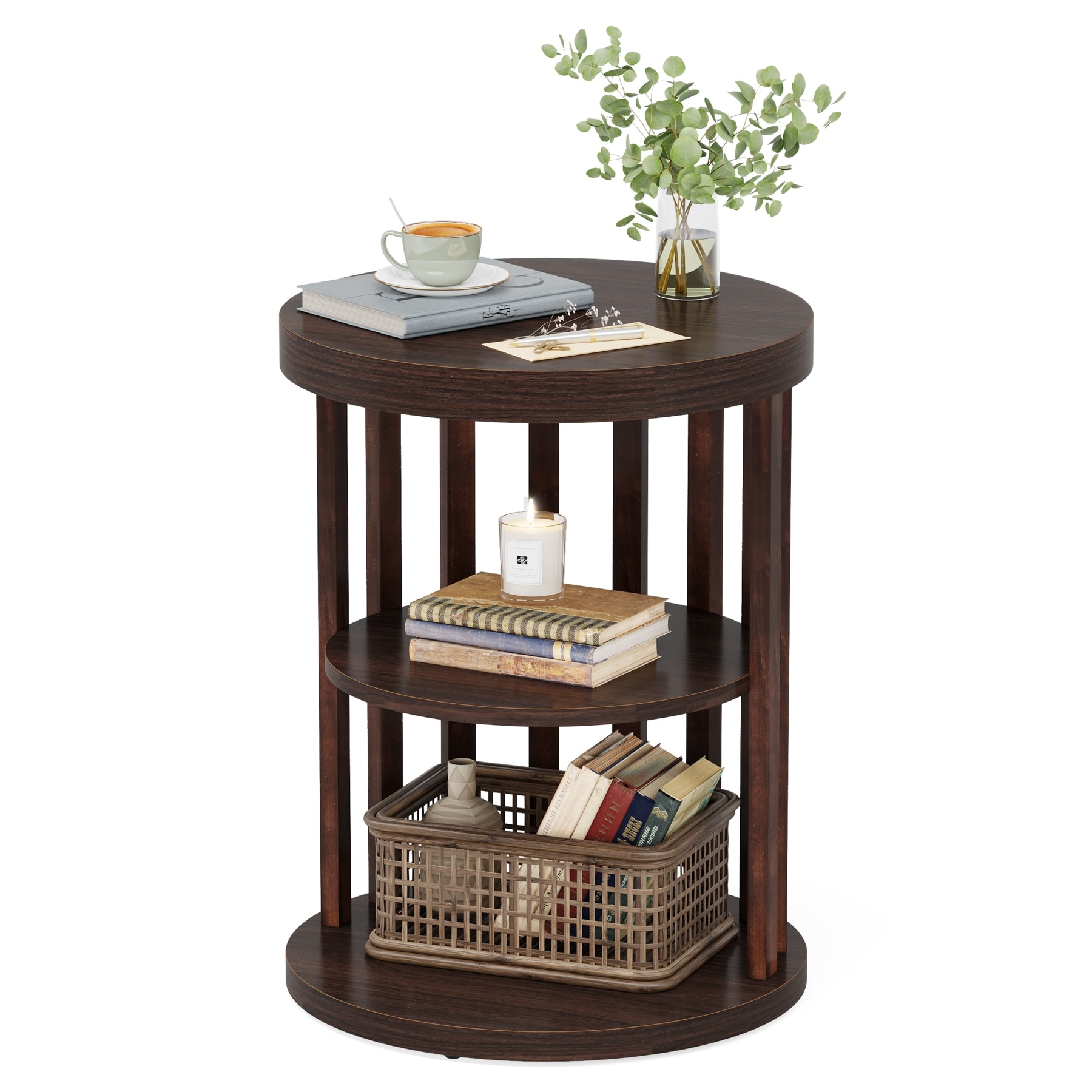 Side Table, 18.9-Inch Round End Table with 3-Layer Storage Shelves ...