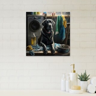Designart 'Dog Sitting On The Laundry I' Animals Canvas Wall Art - Bed ...