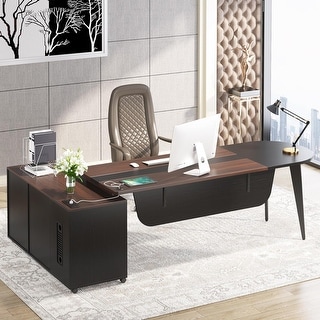 Large L-Shaped Executive Office Desk with Power Outlet & Cabinet - Bed ...