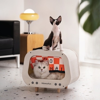 Classic Wooden Cat Bed Cat House TV-Shaped with Cushion and Curtain ...