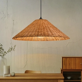 1-Light Farmhouse Straw Hat Hand Woven Chandelier with Natural Rattan ...