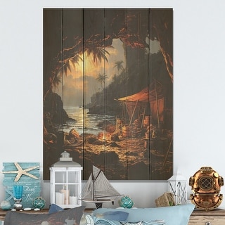 Designart "Sunset Pirates Tropical Cove Haven" Pirate Wood Wall Decor ...