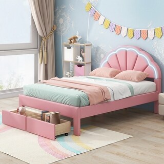 LED Upholstered Platform Bed with Seashell Shaped Headboard and 2 ...