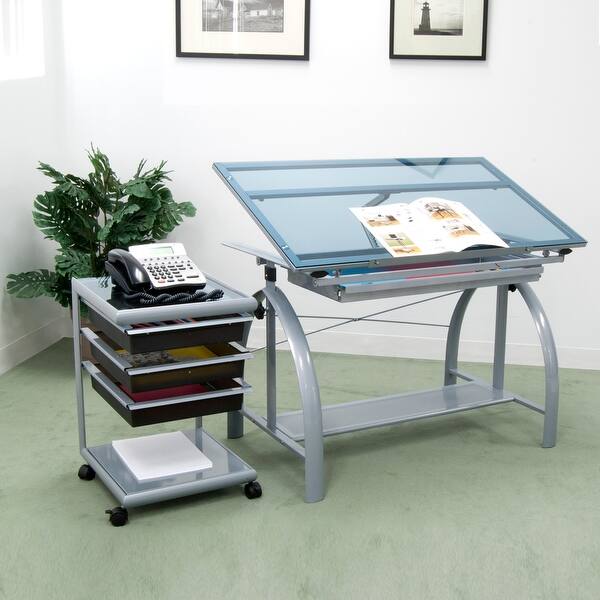 Offex Height Adjustable Blue Tempered GlassTop Drafting Table - Silver ...
