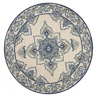 8' Ivory Blue Hand Hooked UV Treated Floral Medallion Round Indoor ...