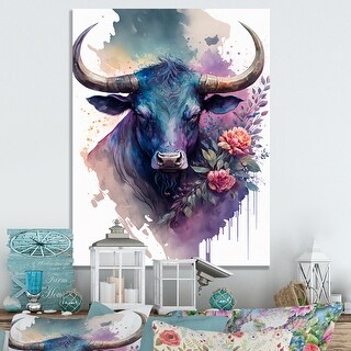 Designart 'Cute Taurus Floral Art II' Animals Canvas Wall Art - Bed ...