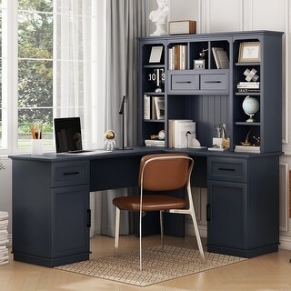Large Desk L Shape Wooden Study Table with 2 Drawers Storage Cabinet ...