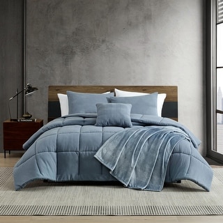 Kenneth Cole Reaction Solid Cotton Blue Reversible Bonus Comforter Set
