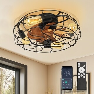 20 in. 4-Light Indoor Black Wood Grain Industrial Metal Cage Enclosed ...