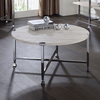 Contemporary Round Coffee Table White Oak Wooden Top Chrome Metal Frame ...