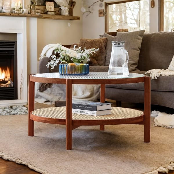 Minimalist Circular Double-Layer Coffee Table, Craft Glass Tabletop End ...