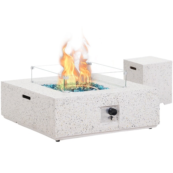 35 Inch Rectangle Terrazzo Fire Pit Table with Glass Wind Guard and ...