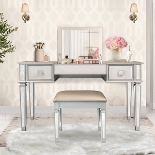 Modern Flip Up Mirrored Vanities Desk with Stool Set, Makeup Vanity Table with 2 Drawers - Bed ...