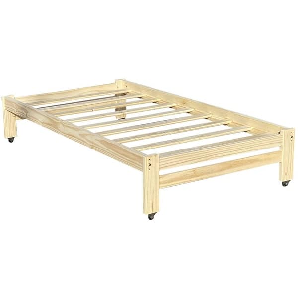 Twin Unfinished Solid Wood Platform Bed Frame with Casters Wheels - Bed ...