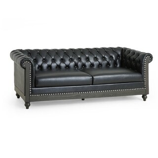 Ober Sofa, Rivets Chesterfield Tufted Black Faux Leather, 79 Inch Gray ...