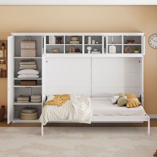 Murphy Bed with Cabinets Storage Space Saving Queen Size Wall Bed White