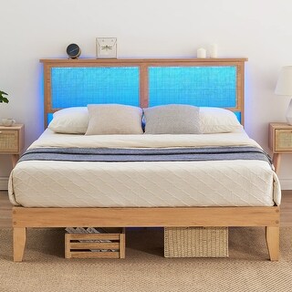 Full Bed Frame with Natural Rattan Headboard, Platform Bed Frame Full ...