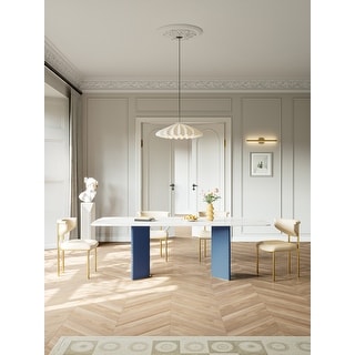 Modern Snow-White Slate Table Top Dining Table with Blue Pedestal - Bed ...