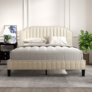 Queen Size Linen Upholstered Platform Bed with Solid Wood Frame and ...