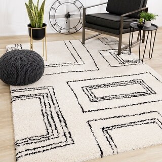 Soft Shag Cream Black Straight Lines Area Rug - On Sale - Bed Bath ...