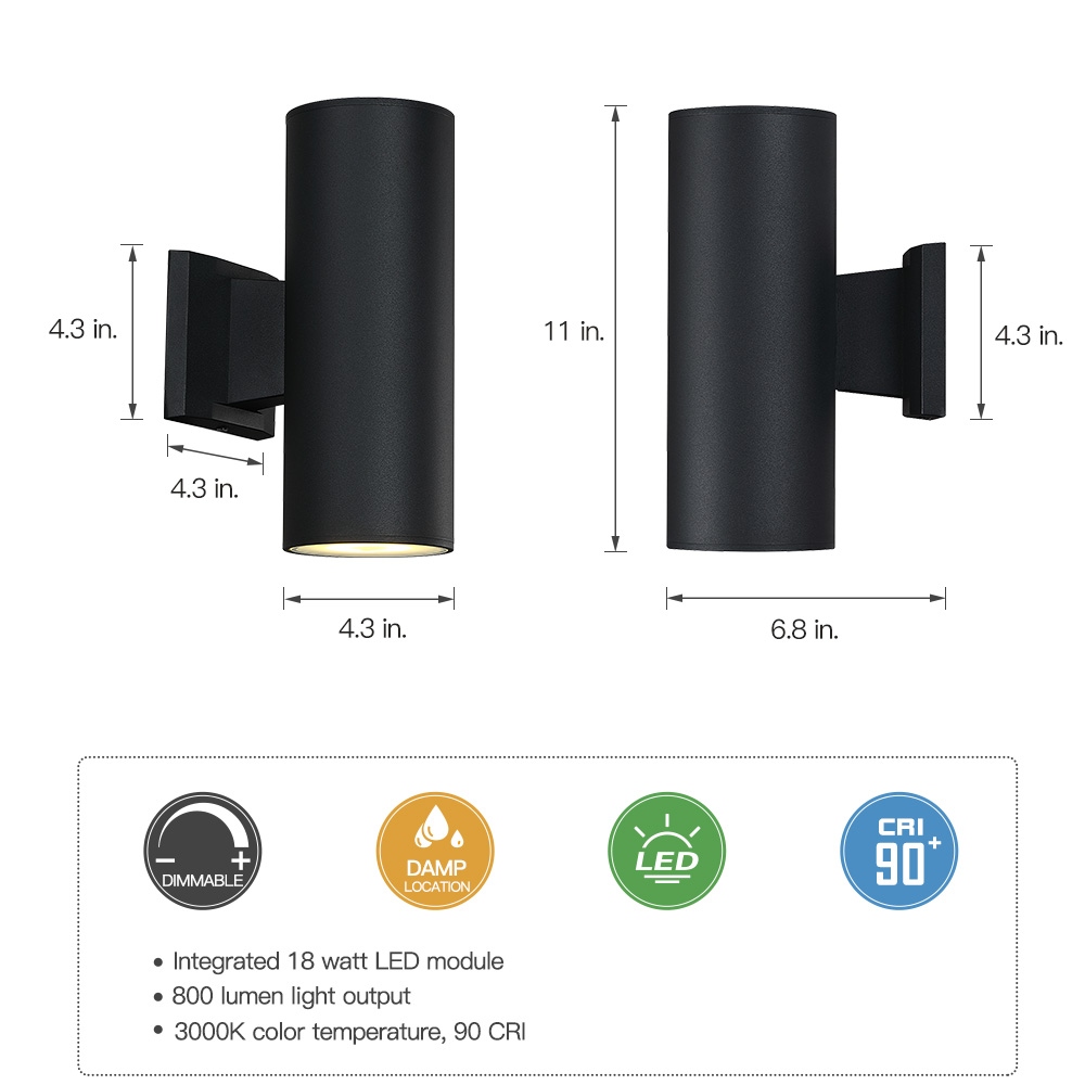 Black Integrated Led Outdoor Indoor Cylinder Wall Sconce Light D4 3 X