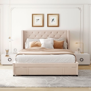 Solid & Sturdy Queen Size Upholstered Platform Bed with a Big Drawer ...