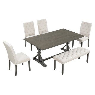 6-Piece Dining Table Set Wood Table, 4 Upholstered Chairs with Bench ...