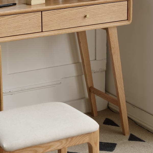 Solid Oak Vanity Table Set, Natural Wood Top Dressing Table - Bed Bath ...