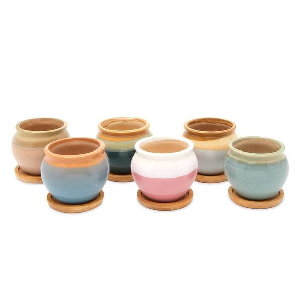 Small Ceramic Pots for Plants and Succulents with Bamboo Drainage Tray ...