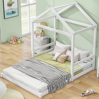 Pine Wood Full House Bed with Guardrail - Bed Bath & Beyond - 41107290