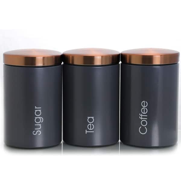 Minimalist Labelled Sugar, Coffee and Tea Storage Set with Lids in Dark ...