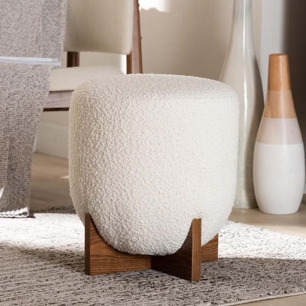 Fisk Japandi Cream Boucle Fabric and Walnut Brown Finished Wood Ottoman Footstool On Sale Bed Bath Beyond 38229786